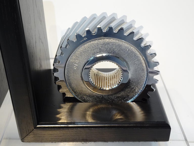 Chromed Industrial Gear / Wood Bookends For Sale at 1stDibs