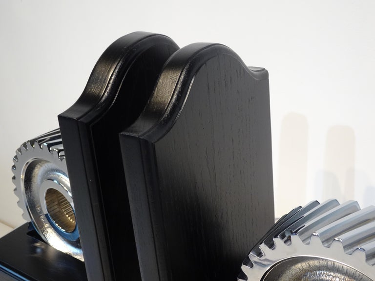 Chromed Industrial Gear / Wood Bookends For Sale at 1stDibs
