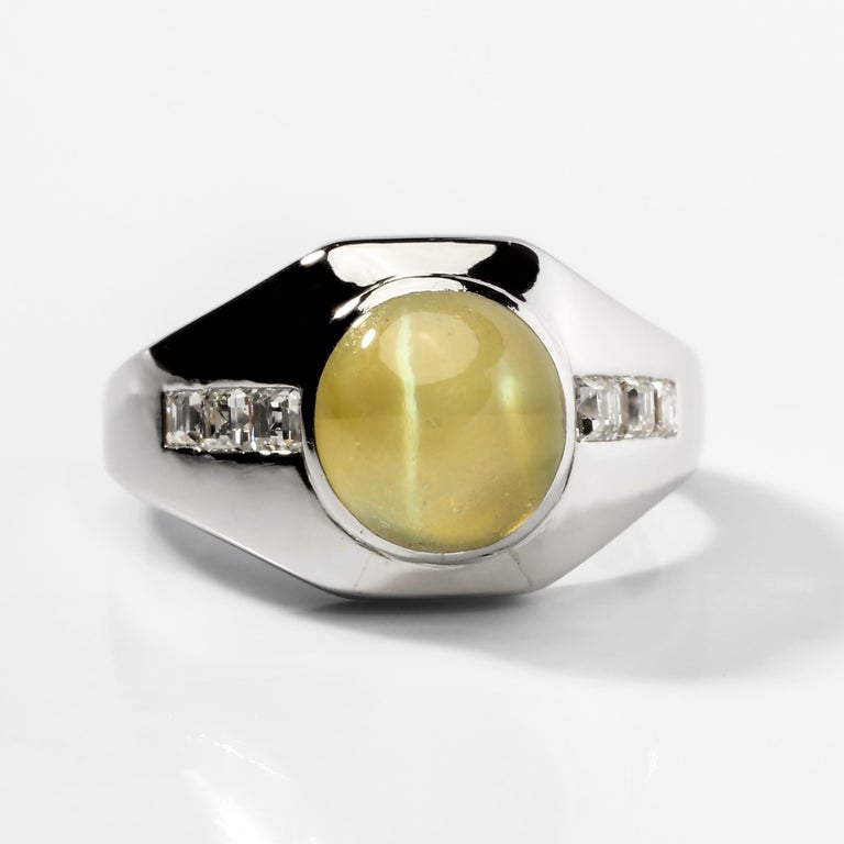 Chrysoberyl Cat's Eye and Diamond Ring in Platinum Midcentury at ...