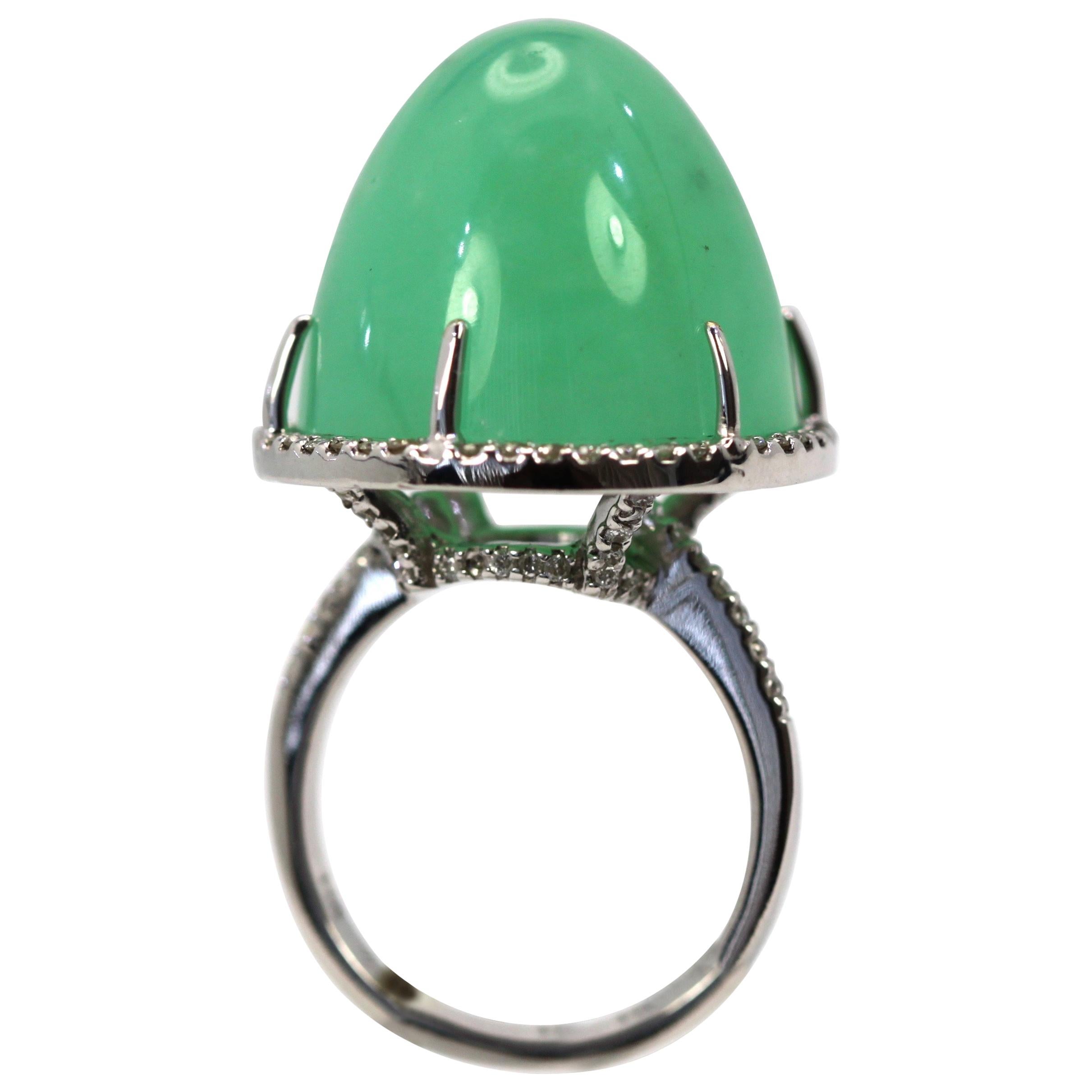 Chrysophase Bullet Ring 14 Karat White Gold 34 Carat Diamond Surround ...