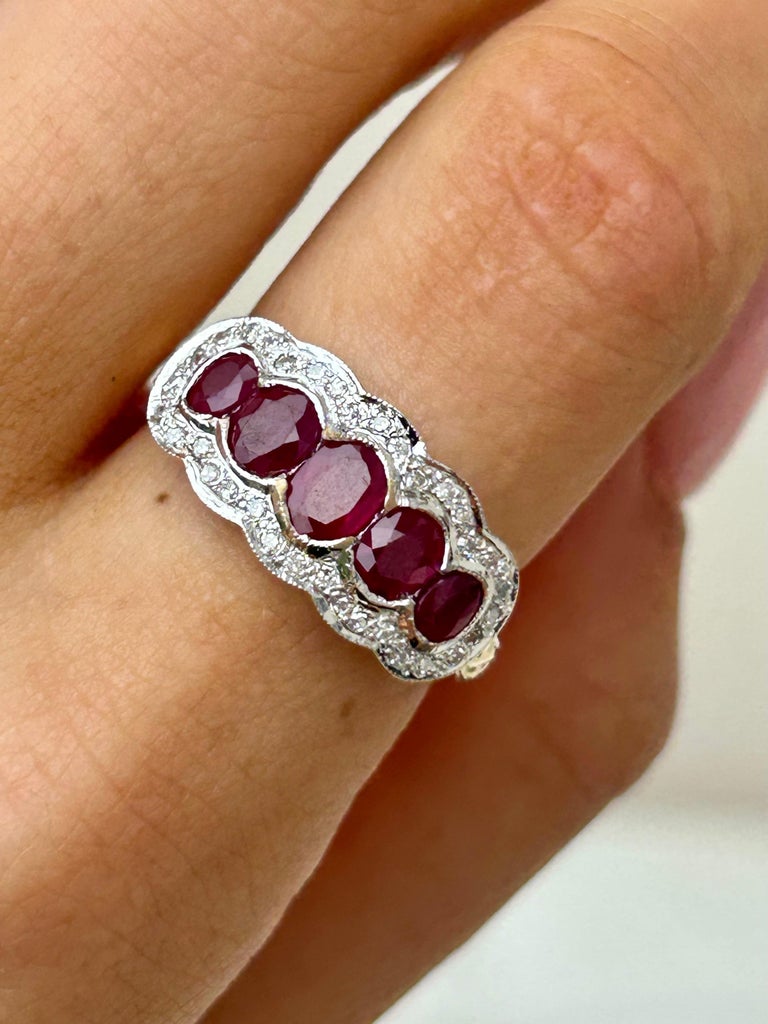Chunky 18 Carat Yellow Gold Ruby and Diamond 5 Stone Ring For Sale at ...