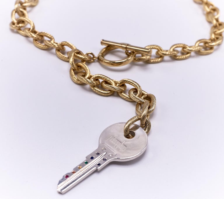 Rainbow Key Pendant Necklace Chunky Chain White Diamond Emerald Ruby J ...