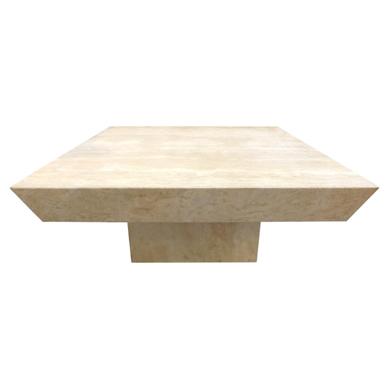 Chunky Reverse-Bevel Square Travertine Coffee Table For Sale at 1stDibs