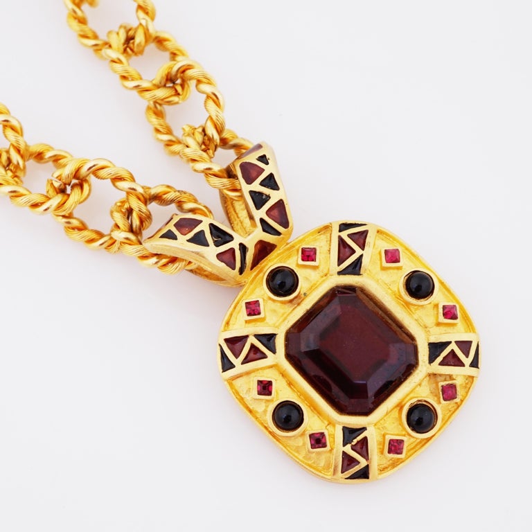 Chunky Satin Gilt Chain Necklace w/ Ruby Crystal Pendant By Leslie ...