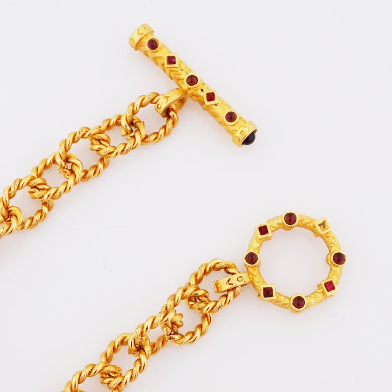 Chunky Satin Gilt Chain Necklace w/ Ruby Crystal Pendant By Leslie ...