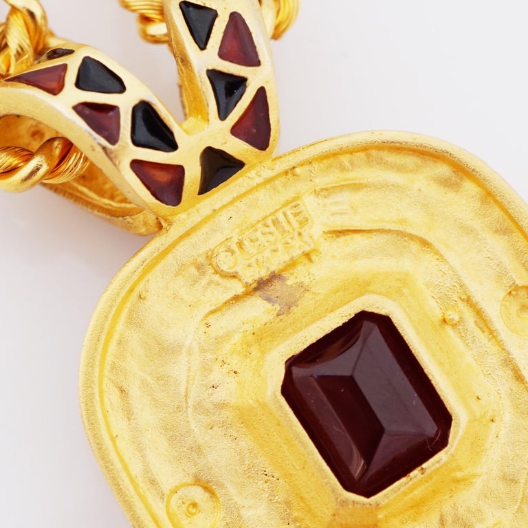 Chunky Satin Gilt Chain Necklace w/ Ruby Crystal Pendant By Leslie ...