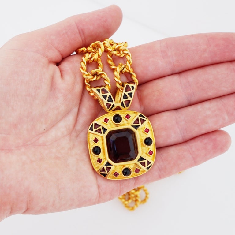 Chunky Satin Gilt Chain Necklace w/ Ruby Crystal Pendant By Leslie ...