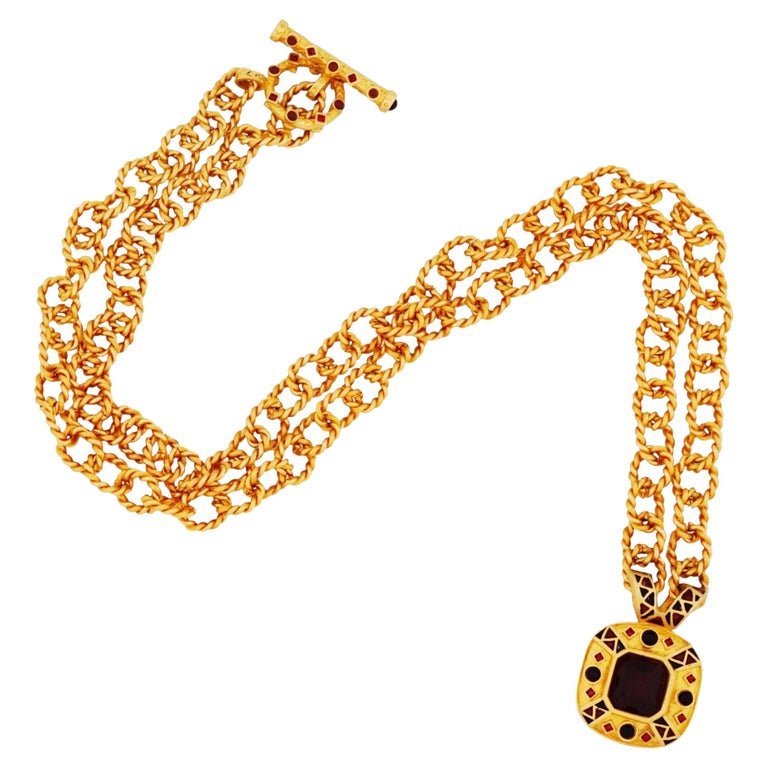 Chunky Satin Gilt Chain Necklace w/ Ruby Crystal Pendant By Leslie ...