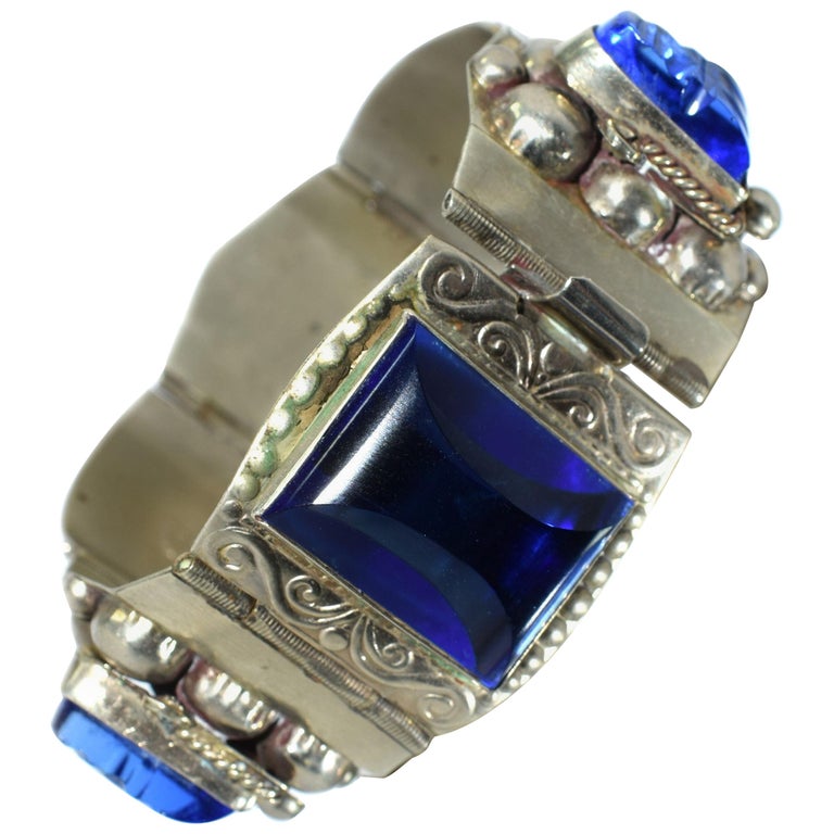 Chunky Sterling Silver and Blue Glass Ladies Bracelet by Taxco at ...
