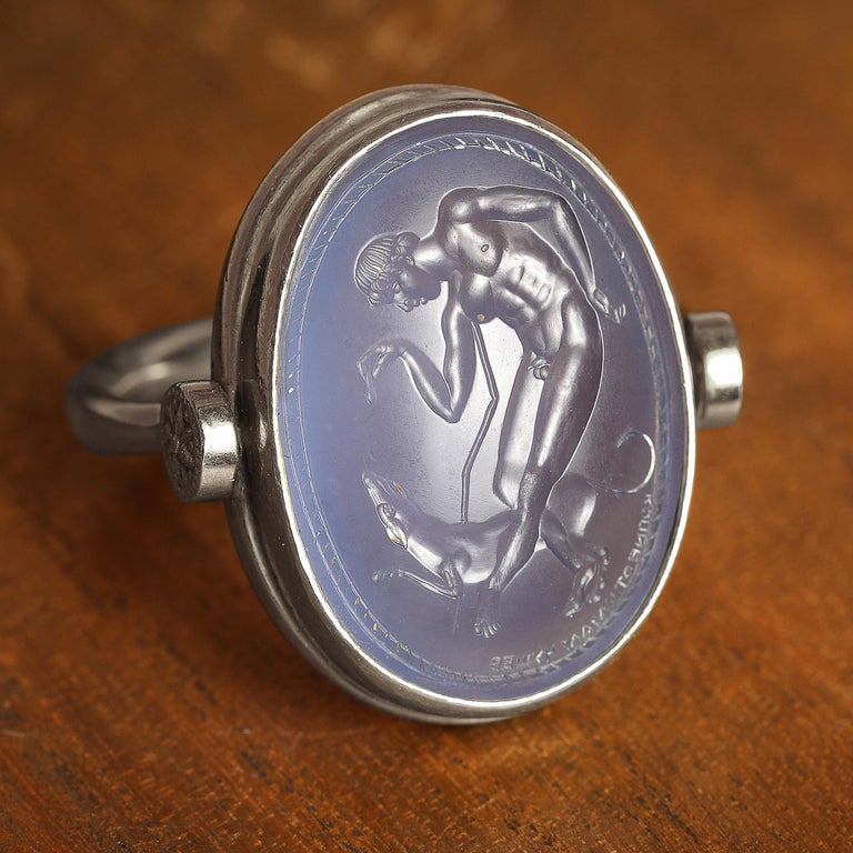 Chushev Blue Chalcedony Intaglio Sterling Silver Swivel Ring at 1stDibs