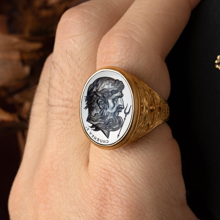 Customizable Chushev Hades Blue Sapphire Intaglio Gold Signet Ring For ...