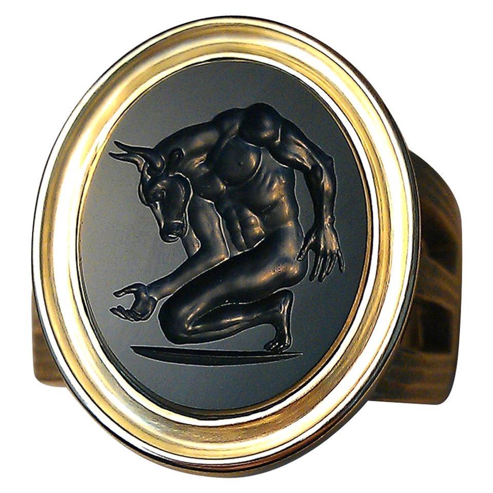 Customizable Chushev Minotaur Green Jasper Intaglio Gold Signet Ring ...