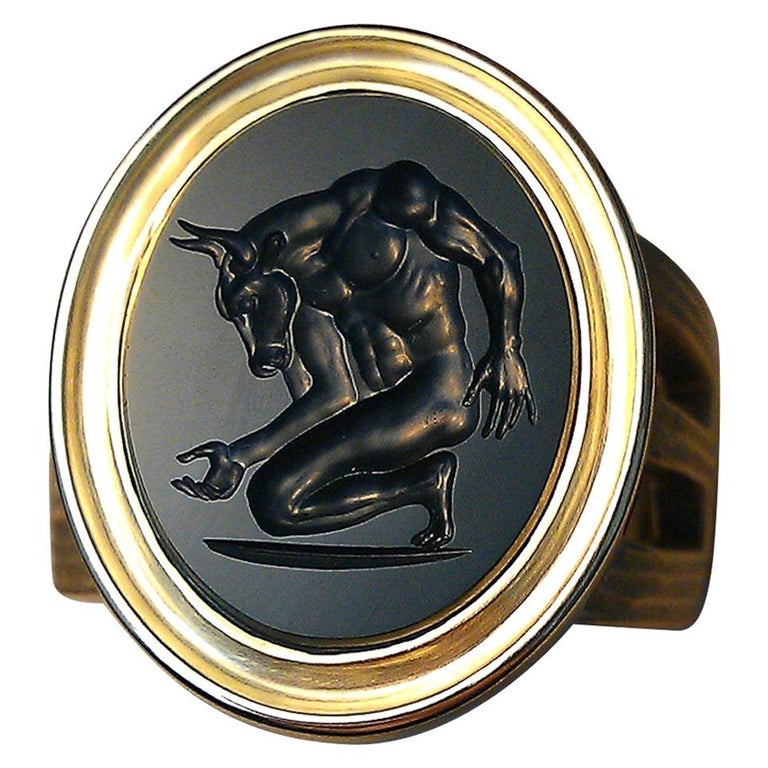 Customizable Chushev Minotaur Green Jasper Intaglio Gold Signet Ring ...