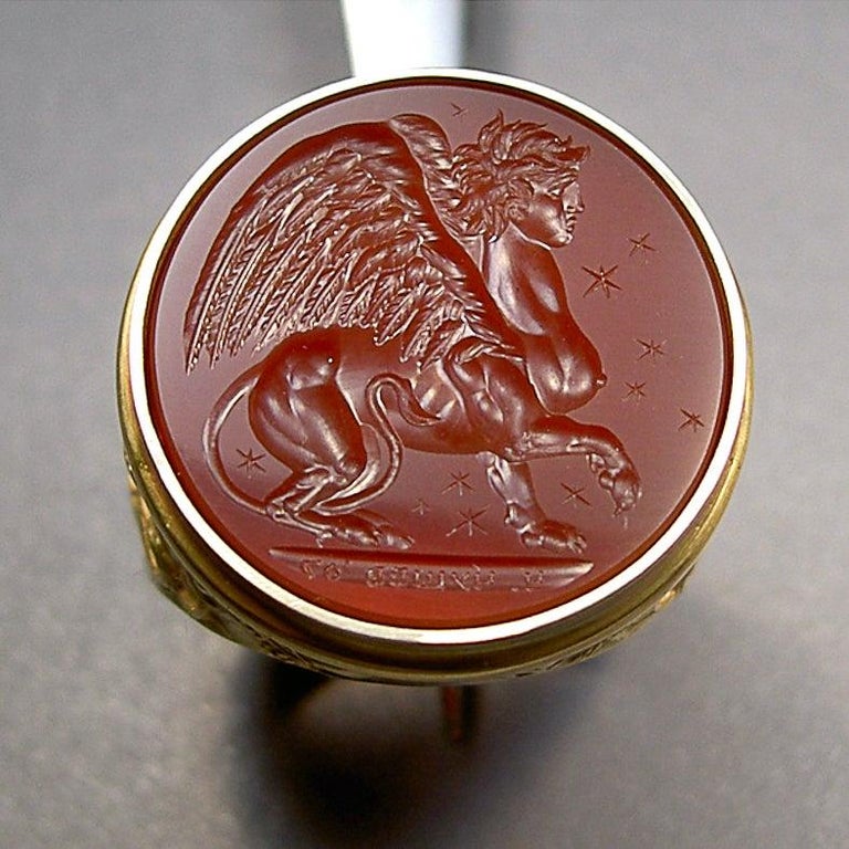 Customizable Chushev Sphinx Carnelian Intaglio Gold Signet Ring For ...