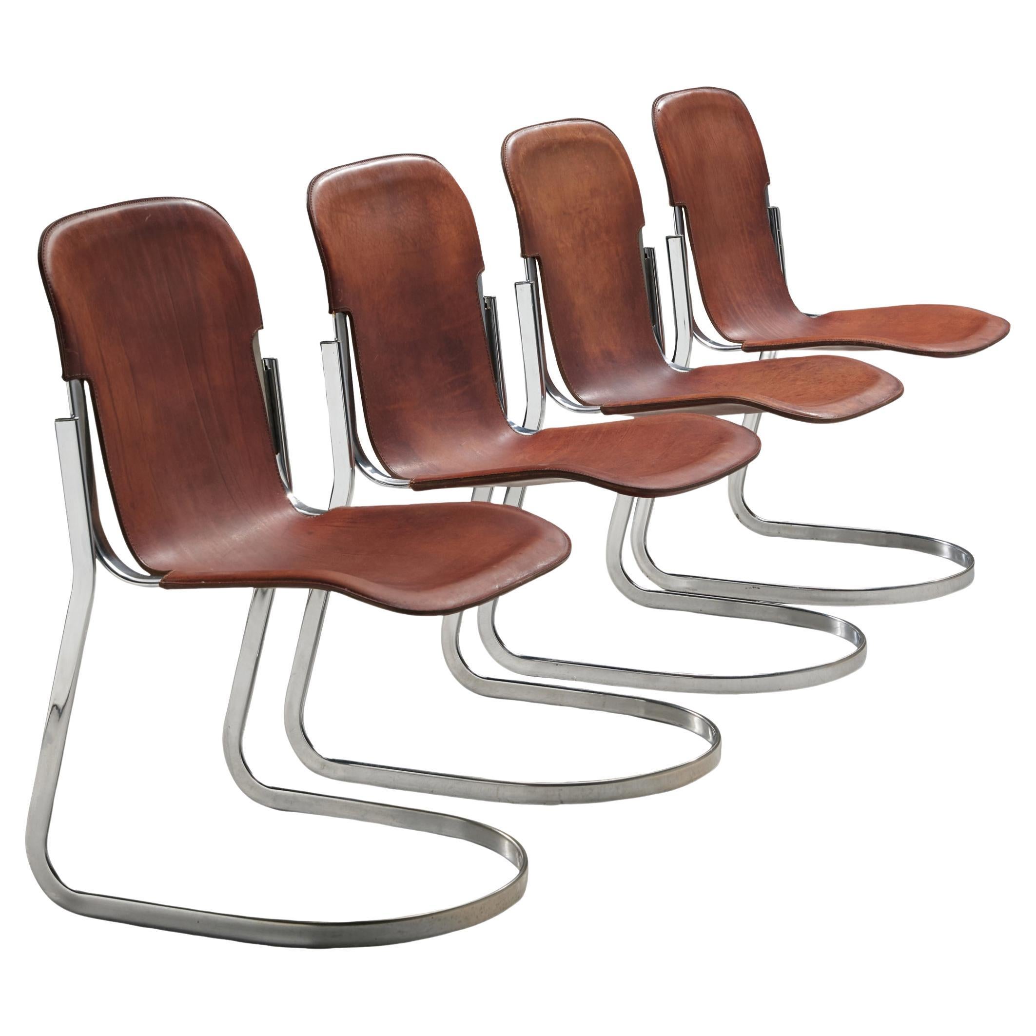 French Set of Six Dining Chairs in Cognac Leather and Pine For Sale at ...