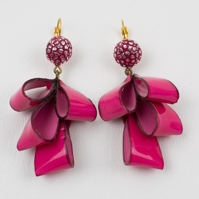 Cilea Paris Dangle Resin Pierced Earrings Hot Pink Ribbon at 1stDibs