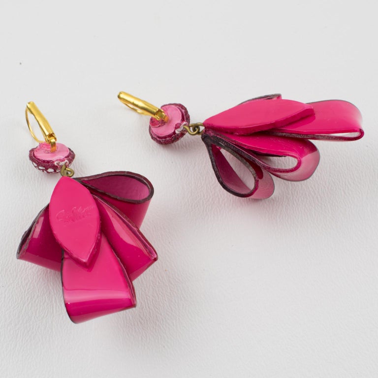 Cilea Paris Dangle Resin Pierced Earrings Hot Pink Ribbon at 1stDibs