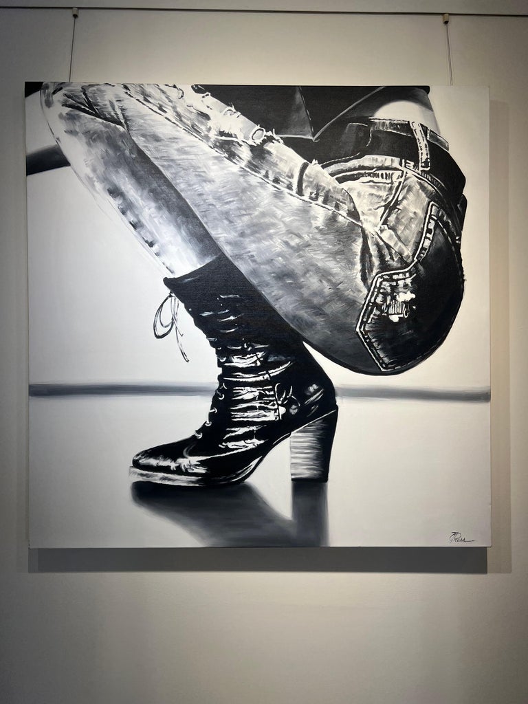 Cindy Press - "All Around Us" black and white oil painting of a woman's ...