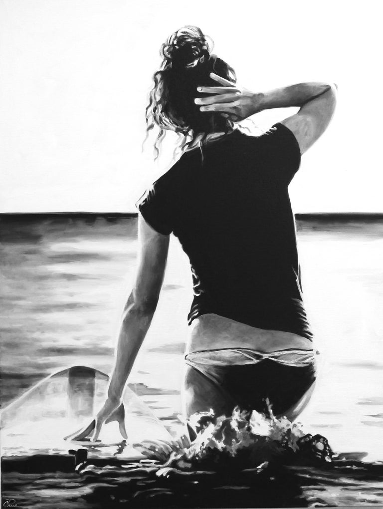 Cindy Press - "On the Horizon" Black and white oil painting of a female ...