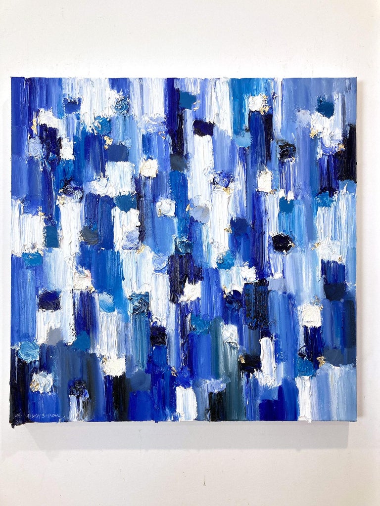 Cindy Shaoul - "Dripping Dots - London" Blue and White Abstract Oil ...