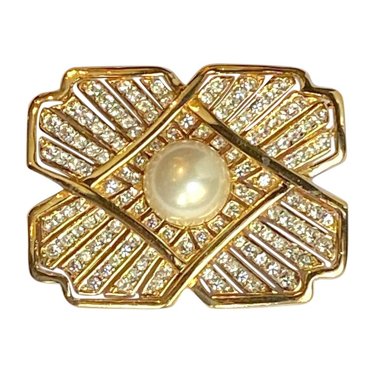 Ciner Art Deco Style 1980s Gold, Rhinestone and Pearl Brooch at 1stDibs