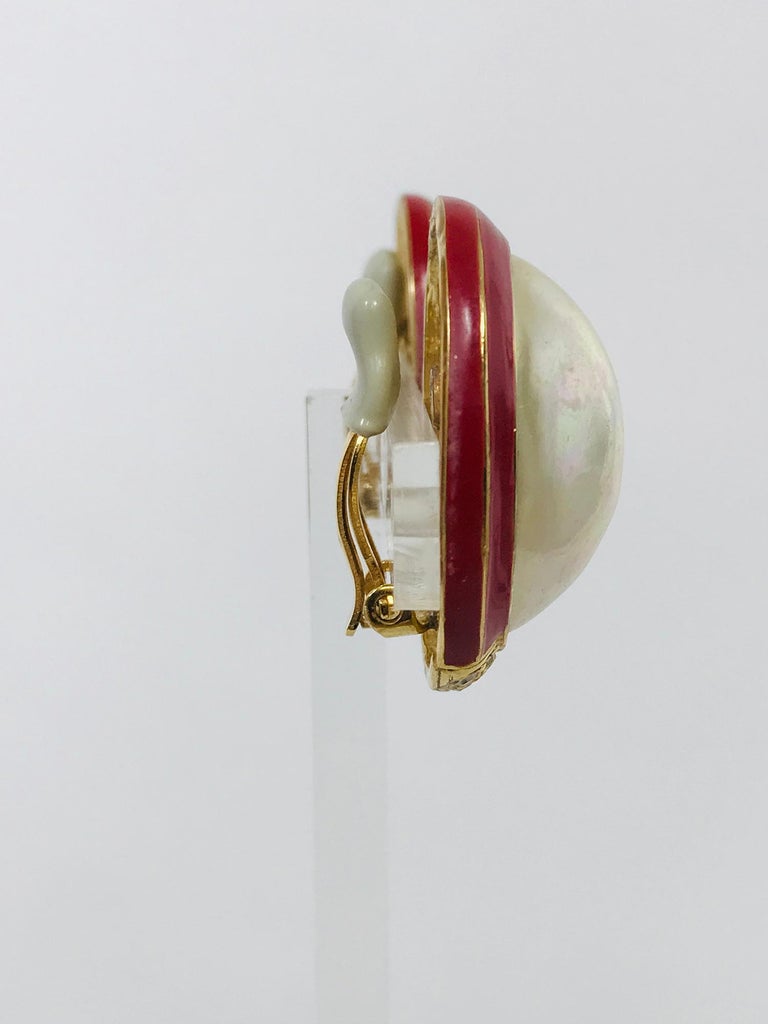 Ciner Coral Enamel Rhinestones with blister Pearl Earrings For Sale at ...