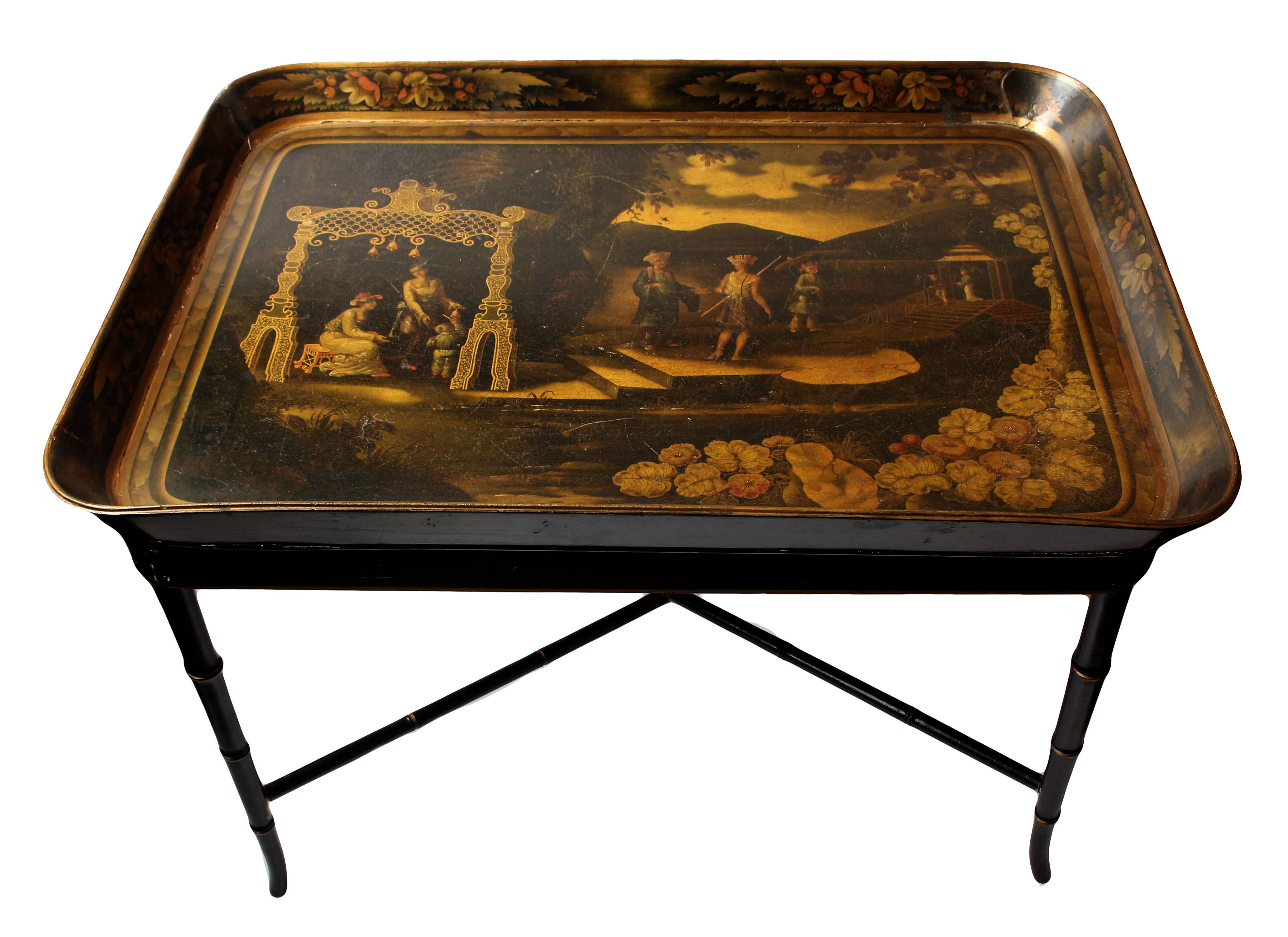 circa 1860s Papier Mache Tray on Coffee Table Stand For Sale at 1stDibs
