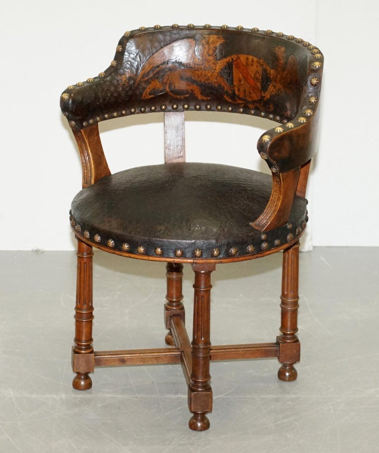 Antique Captains Chair with Embossed Leather Armorial Coat of Arms ...