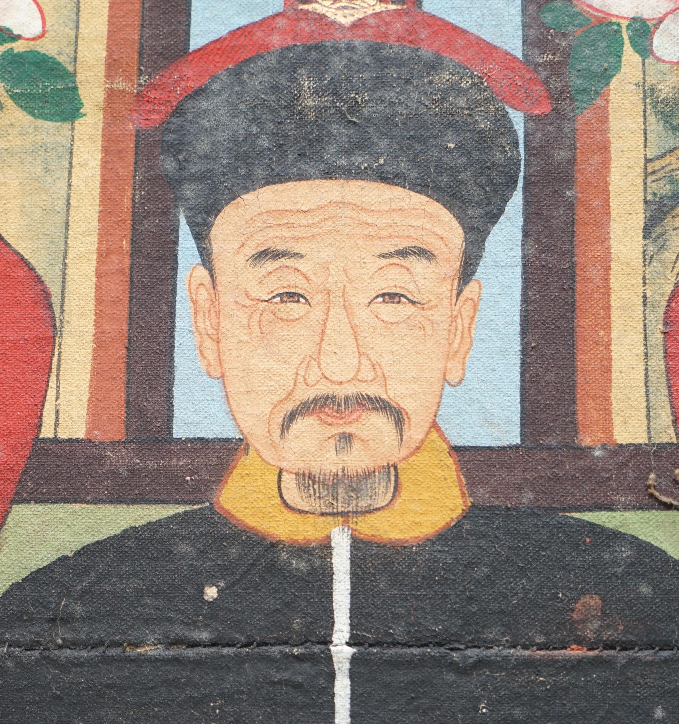 Chinese Ancestral Portrait Painting Oil Scroll Canvas Part of Suite ...