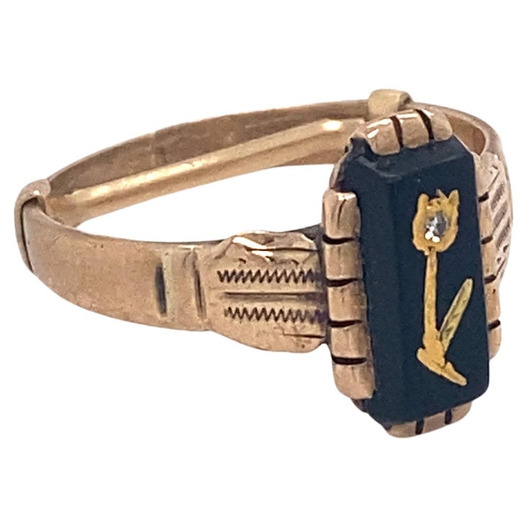 Circa 1890s, Victorian Inlaid Onyx and Diamond Rose Motif Ring in 10K ...