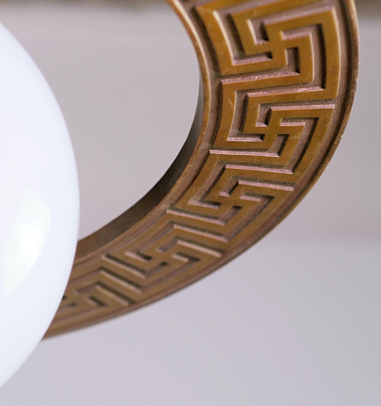 circa 1900 Bronze Bank Pendant Light with Greek Key Rim and Round Globe ...