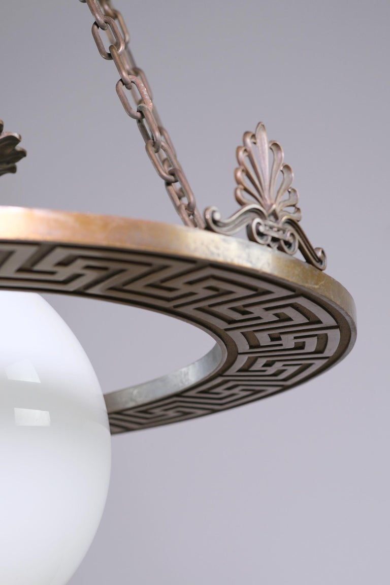 circa 1900 Bronze Bank Pendant Light with Greek Key Rim and Round Globe ...