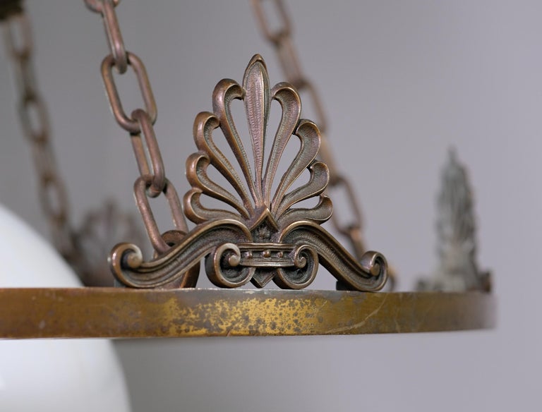 circa 1900 Bronze Bank Pendant Light with Greek Key Rim and Round Globe ...