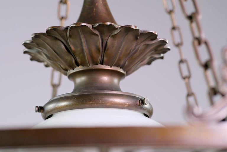 circa 1900 Bronze Bank Pendant Light with Greek Key Rim and Round Globe ...