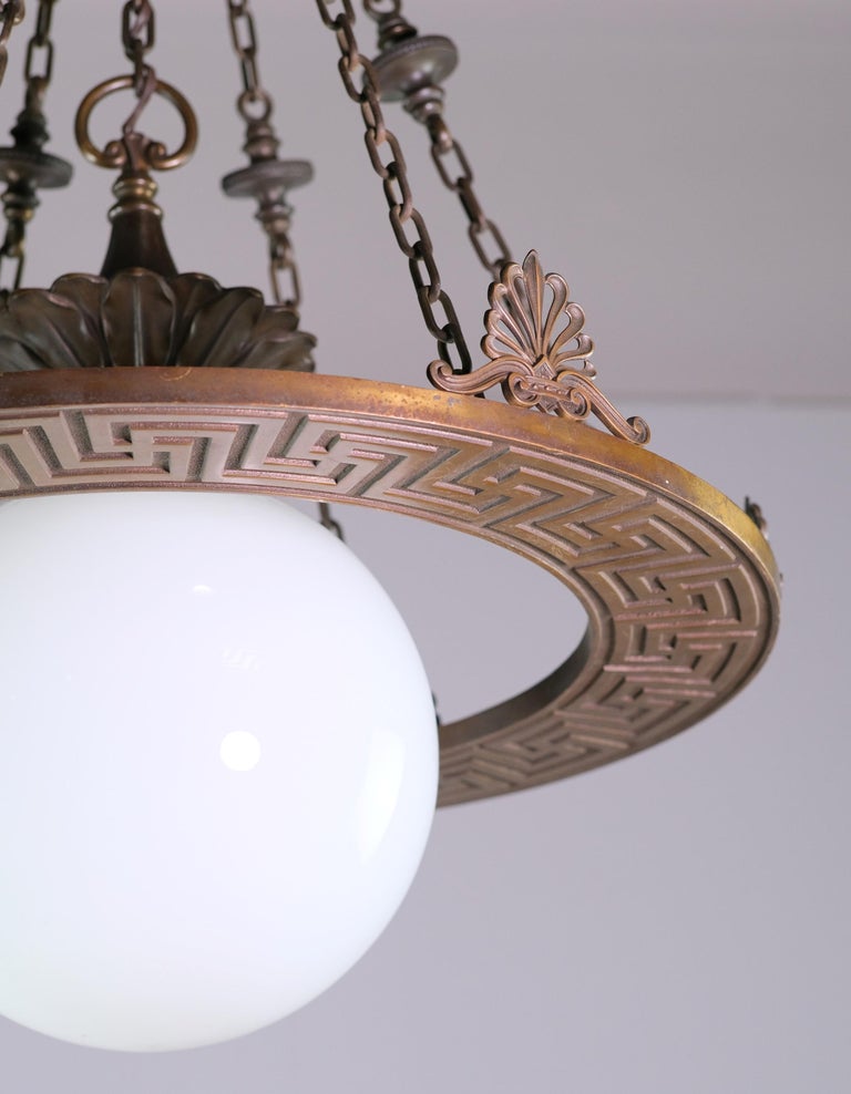 circa 1900 Bronze Bank Pendant Light with Greek Key Rim and Round Globe ...