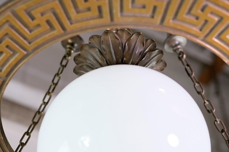 circa 1900 Bronze Bank Pendant Light with Greek Key Rim and Round Globe ...