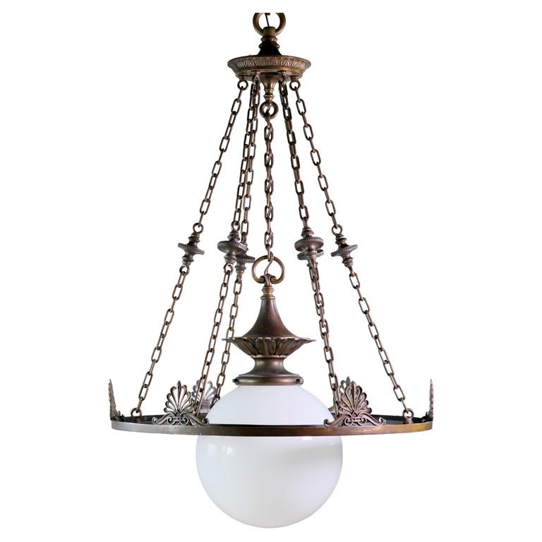 circa 1900 Bronze Bank Pendant Light with Greek Key Rim and Round Globe ...