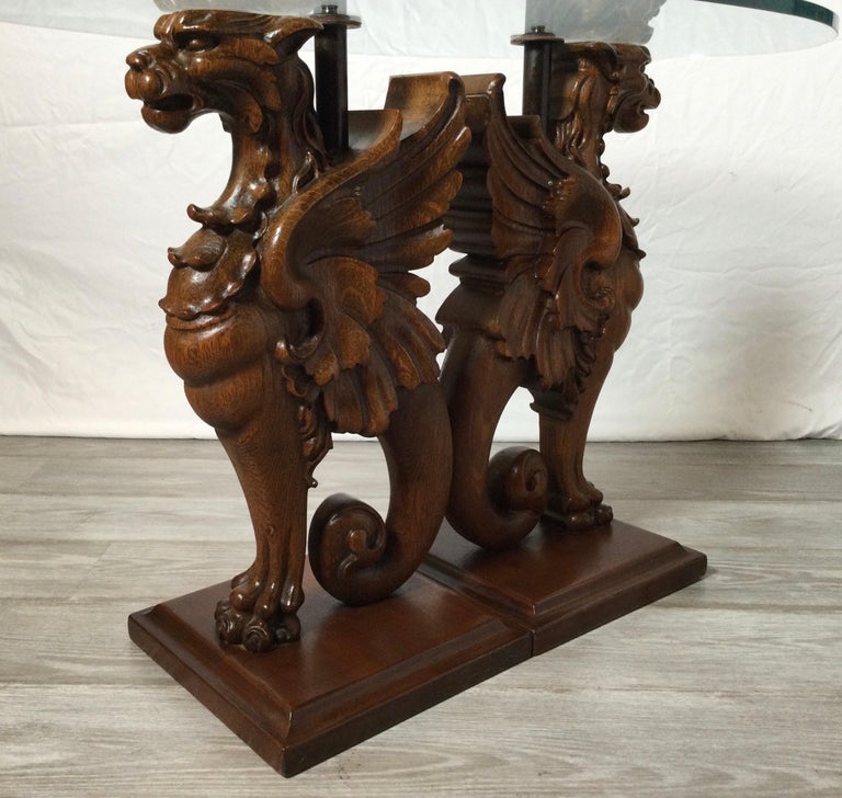 Circa 1900 Hand Carved Oak Griffin Glass Top Low Table, Cocktail Table ...