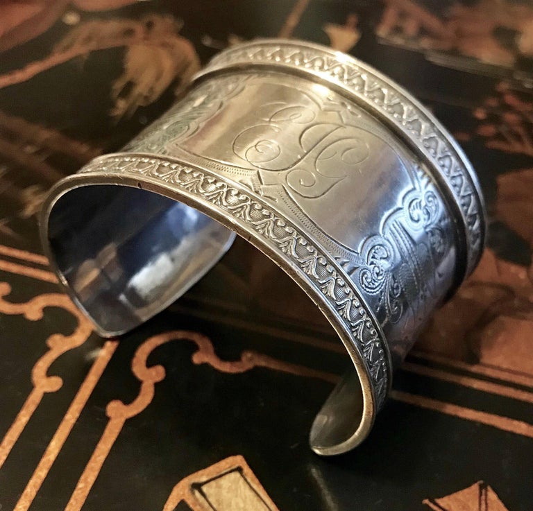 Circa 1900 Sterling Silver Engraved Cuff Bracelet at 1stDibs
