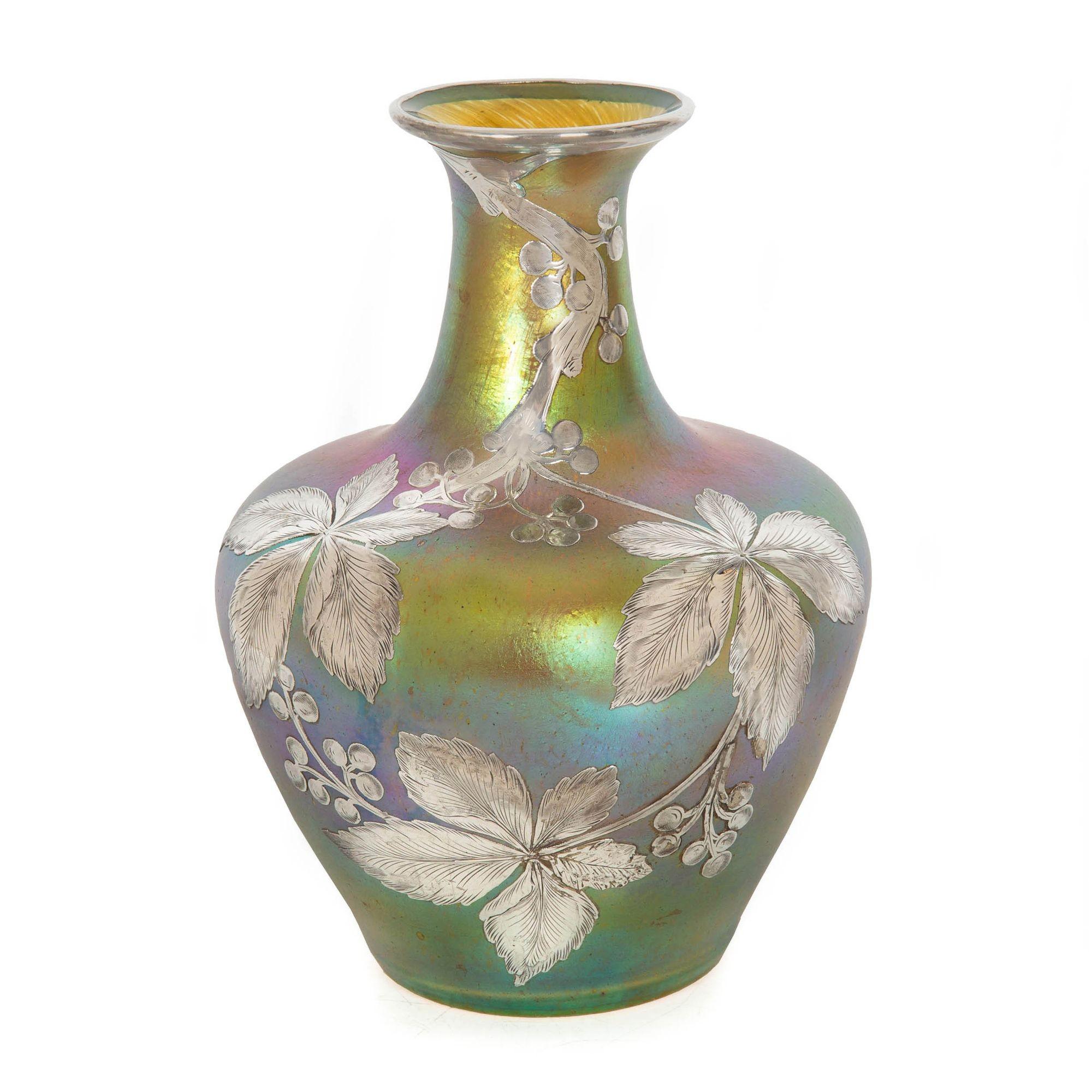 Circa 1910 Austrian Iridescent Art Glass Vase with Silver Overlay attr ...