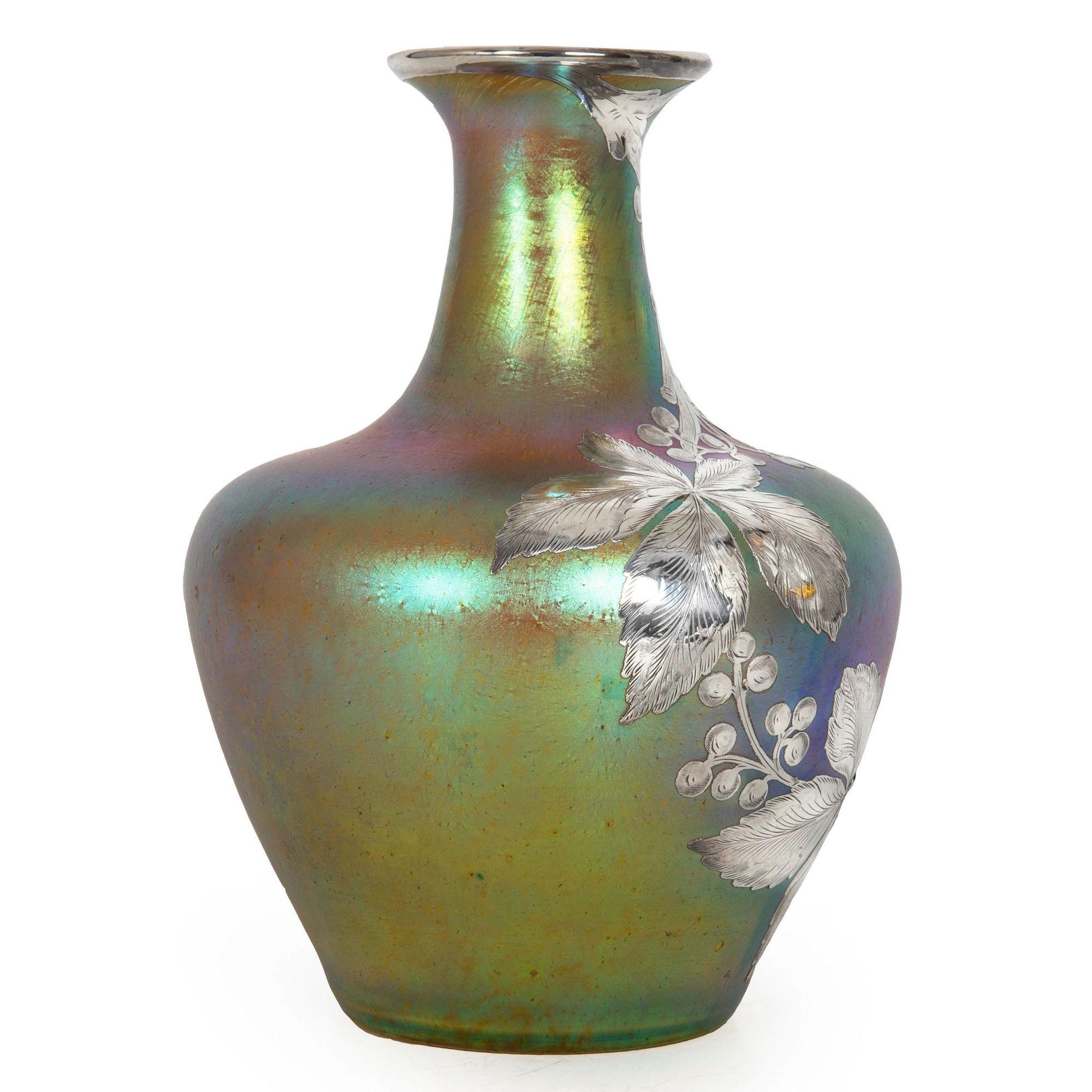Circa 1910 Austrian Iridescent Art Glass Vase with Silver Overlay attr ...