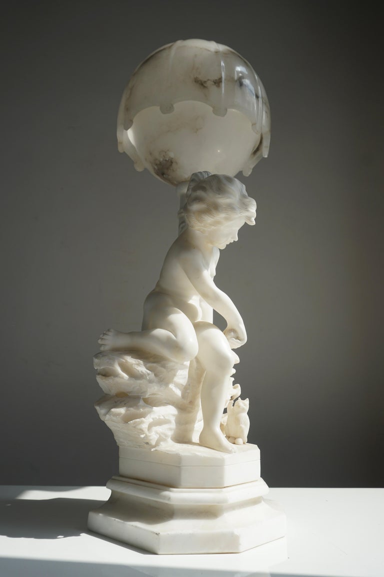 Circa 1920 Carved Alabaster Figural Lamp on Onxy Base For Sale at 1stDibs