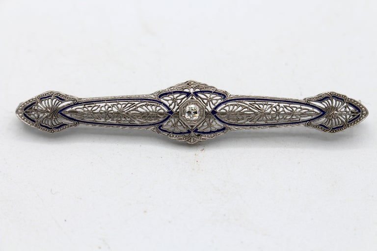 Circa 1920s 14k White Gold, Cobalt Enamel and Diamond Bar Pin For Sale ...
