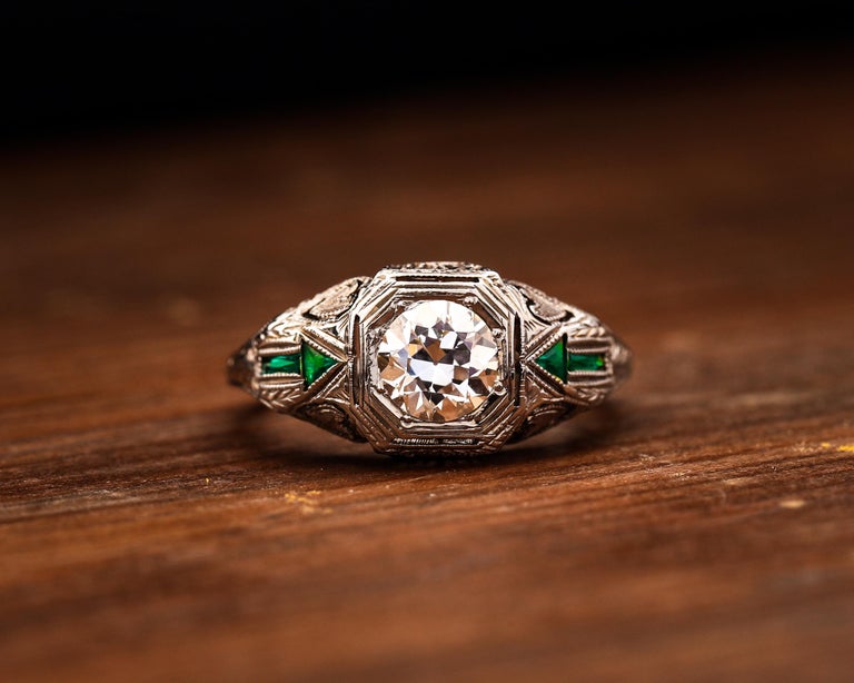 Art Deco GIA Diamond and Emerald Arrow Filigree 18 Karat White Gold ...