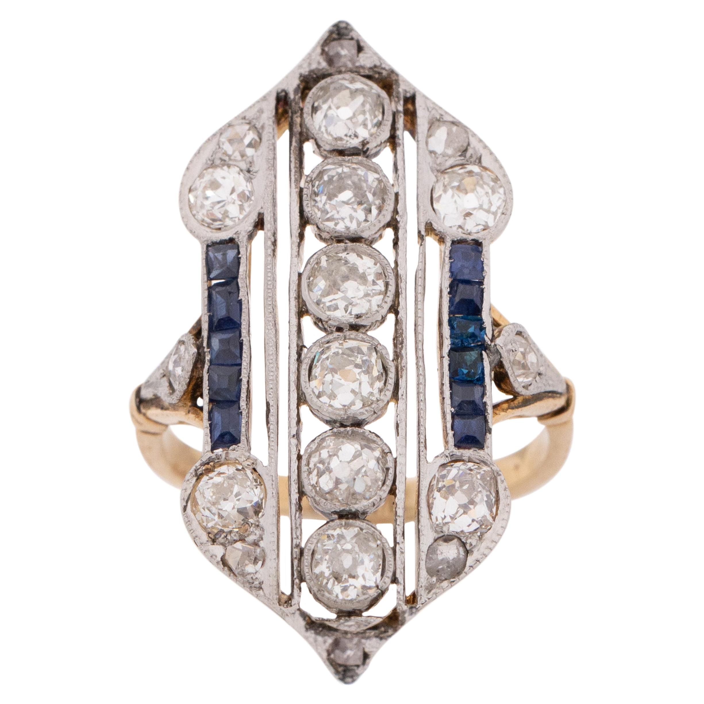 Vintage Blue Sapphire and Diamond Shield Ring at 1stDibs