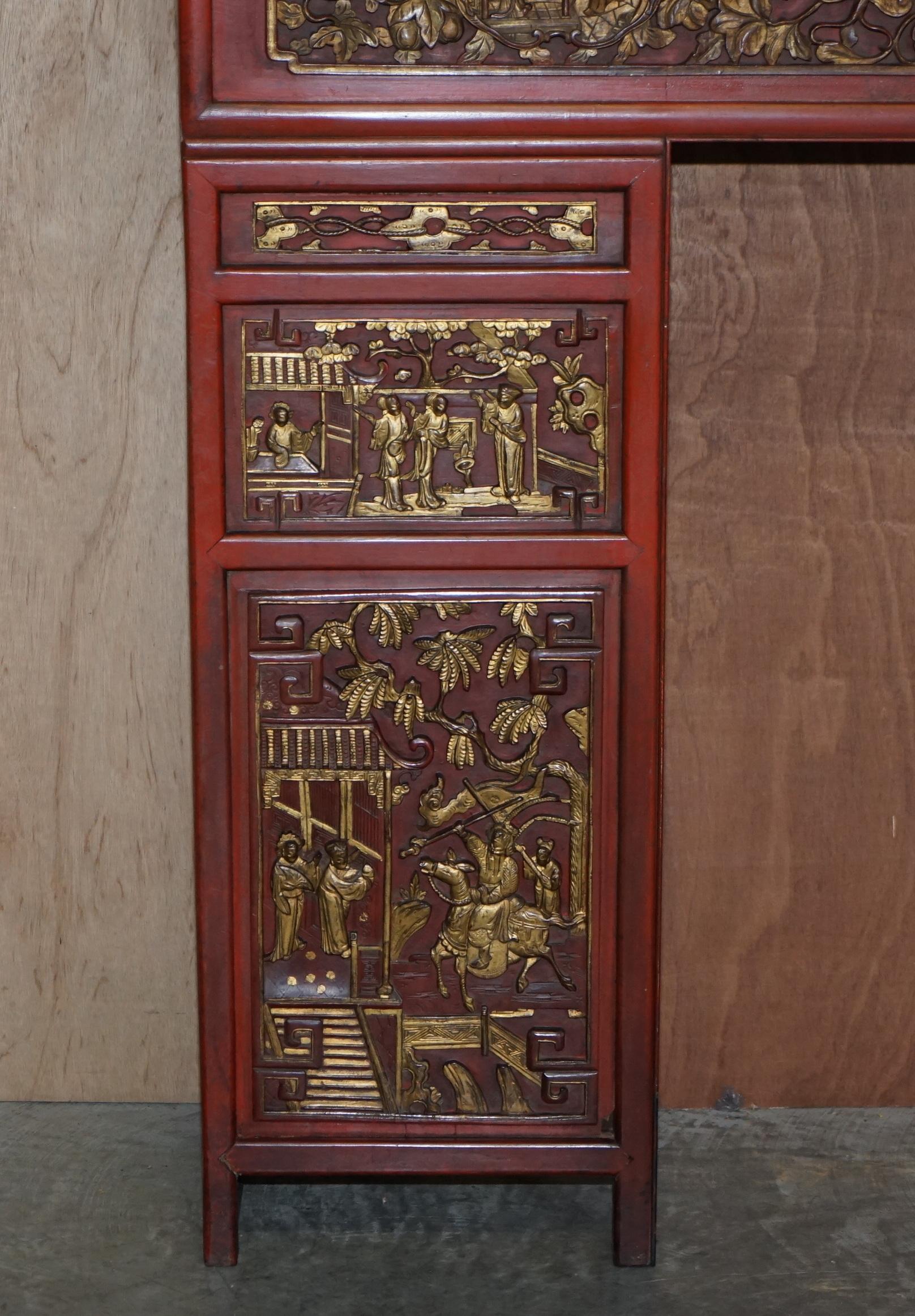 circa 1920's Chinese Fret Work Carved Red and Gold Painted Fire ...