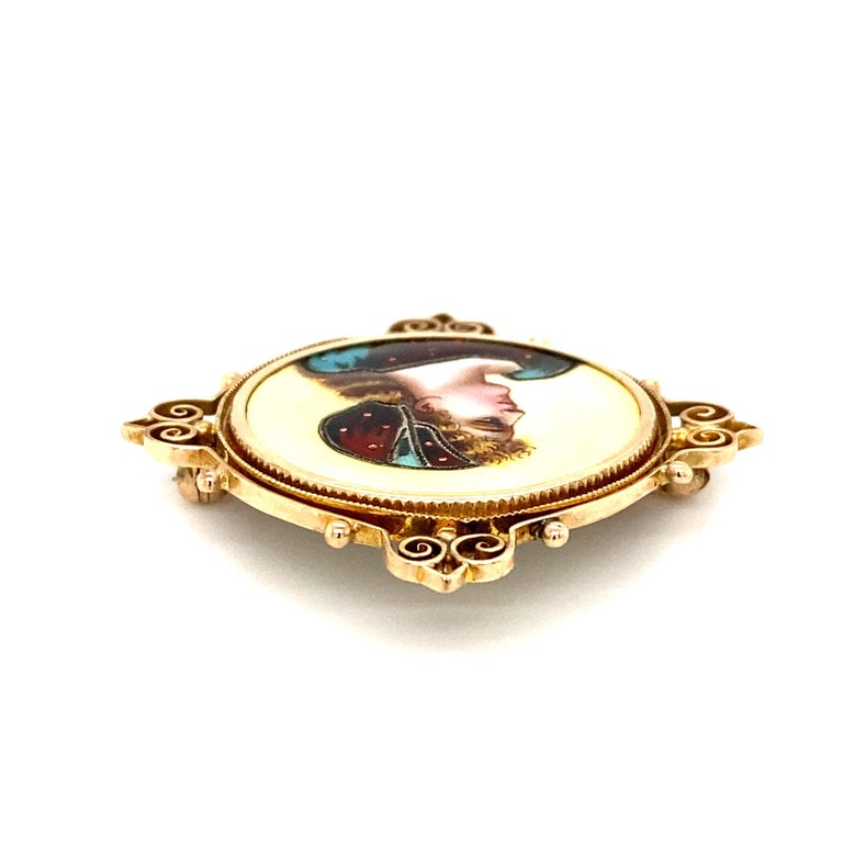 Hand Painted Porcelain Portrait Brooch in 10 Karat Gold, circa 1930s ...