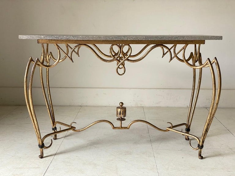 circa 1940s French René Prou Attributed Gilt Iron and Limestone Console ...