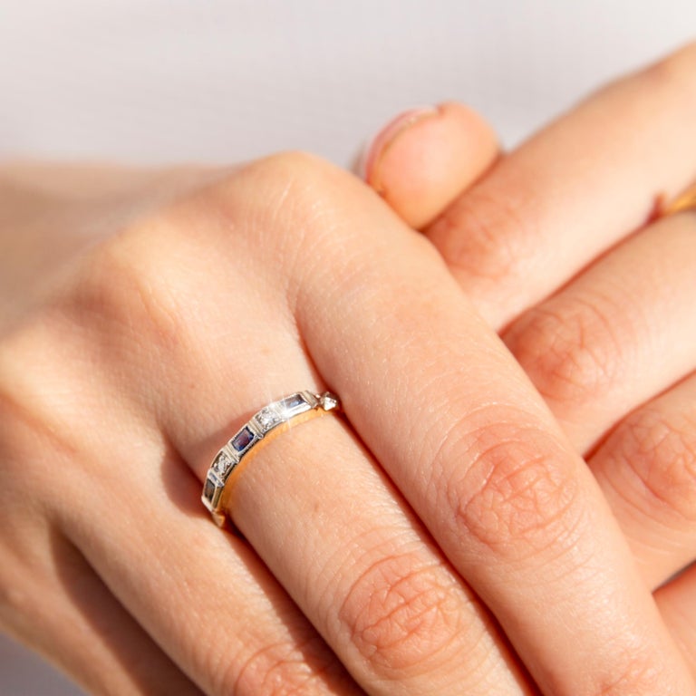 Circa 1950s Diamond and Sapphire Vintage 18 Carat Yellow Gold Stacking Band Ring For Sale at 1stDibs