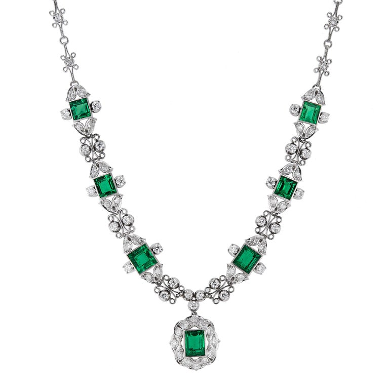 circa 1950s Emerald and Old European Cut Diamond Necklace For Sale at ...
